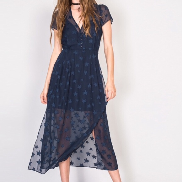 Dresses | Navy Blue Sheer Midi Star Dress With Slip | Poshmark